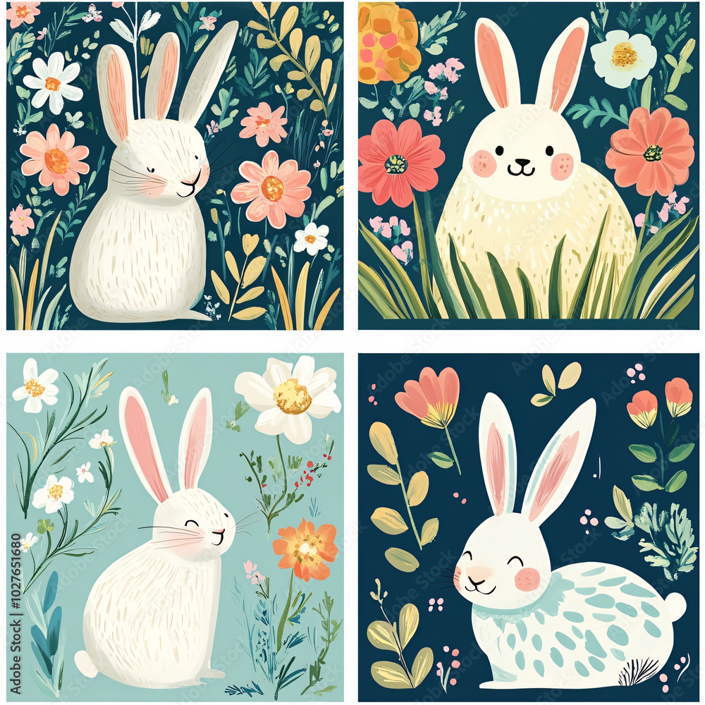 Cute rabbits surrounded by colorful flowers create cheerful and vibrant ...