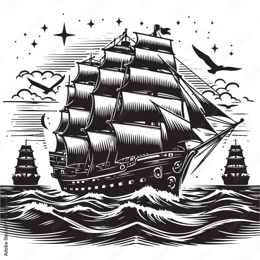 Old, engraving style illustration of steering wheel, anchor, seagull ...