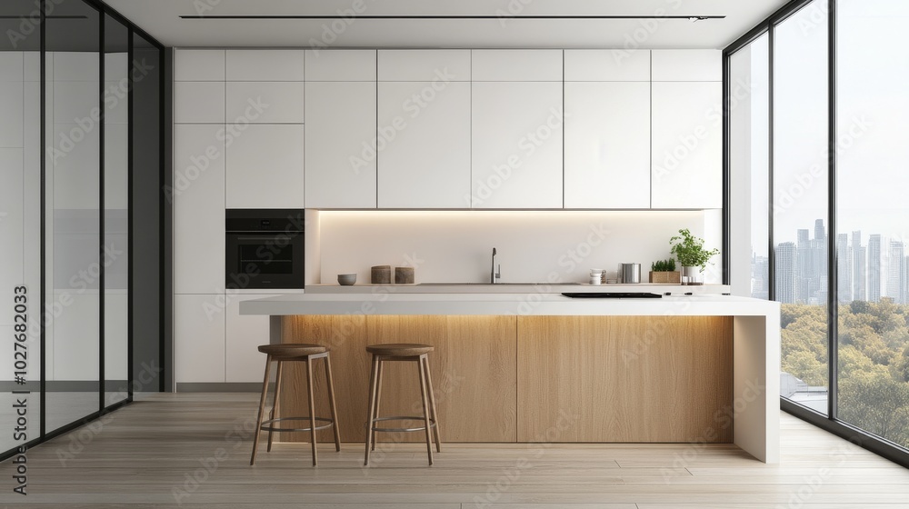 Modern Minimalist Kitchen with Urban Skyline View and Wooden Accents ...
