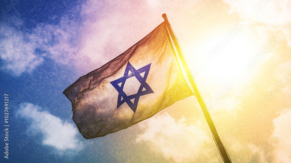 Jewish flag with the Star of David waves gracefully against a clear ...