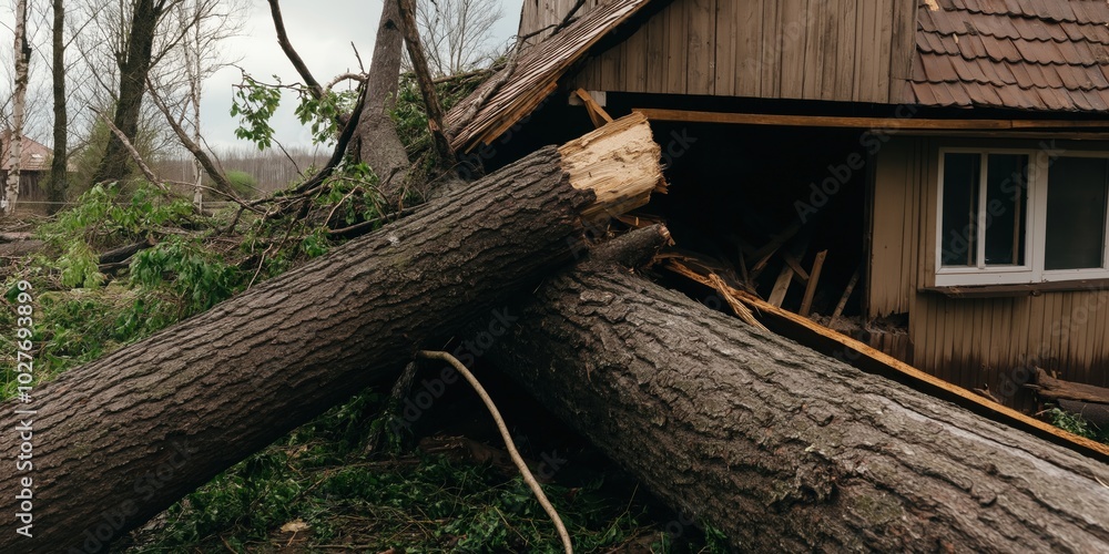 Massive trees lie fallen against a wooden house after a destructive ...