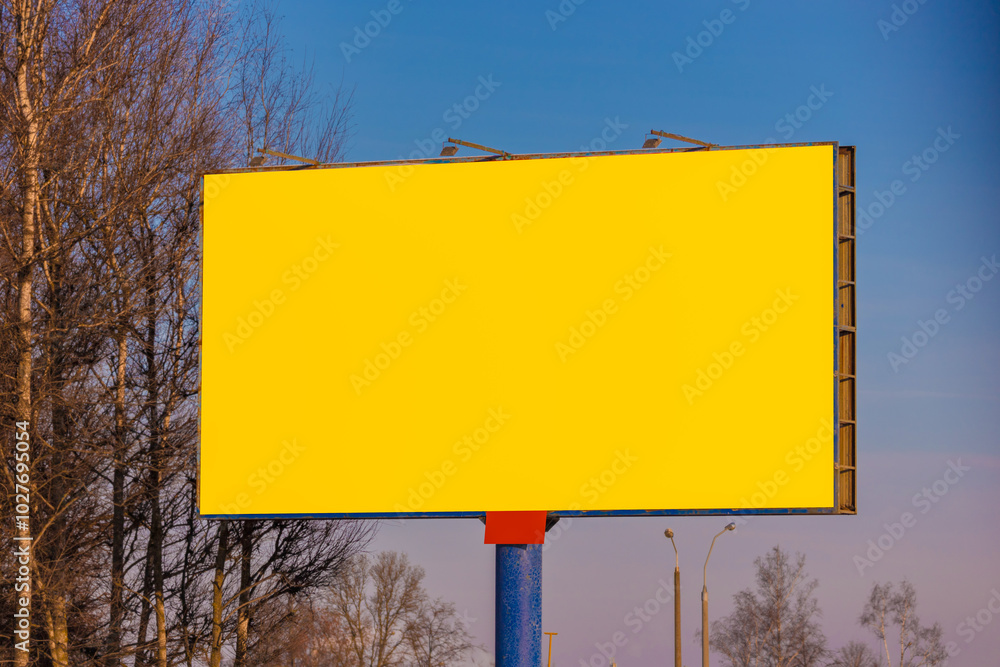 billboard along the highway on a winter snow day. Background for design ...