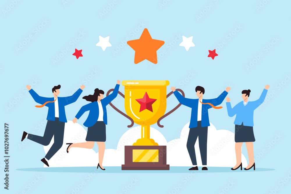 Flat illustration of business people with stars and rewards ...