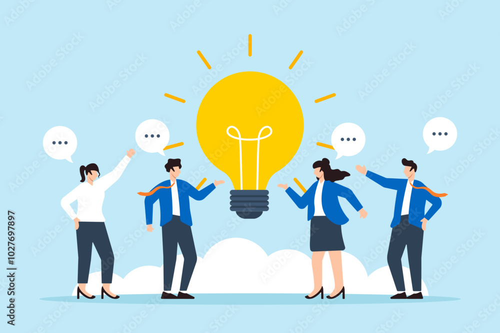 Flat illustration of business people discuss ideas with lightbulb ...