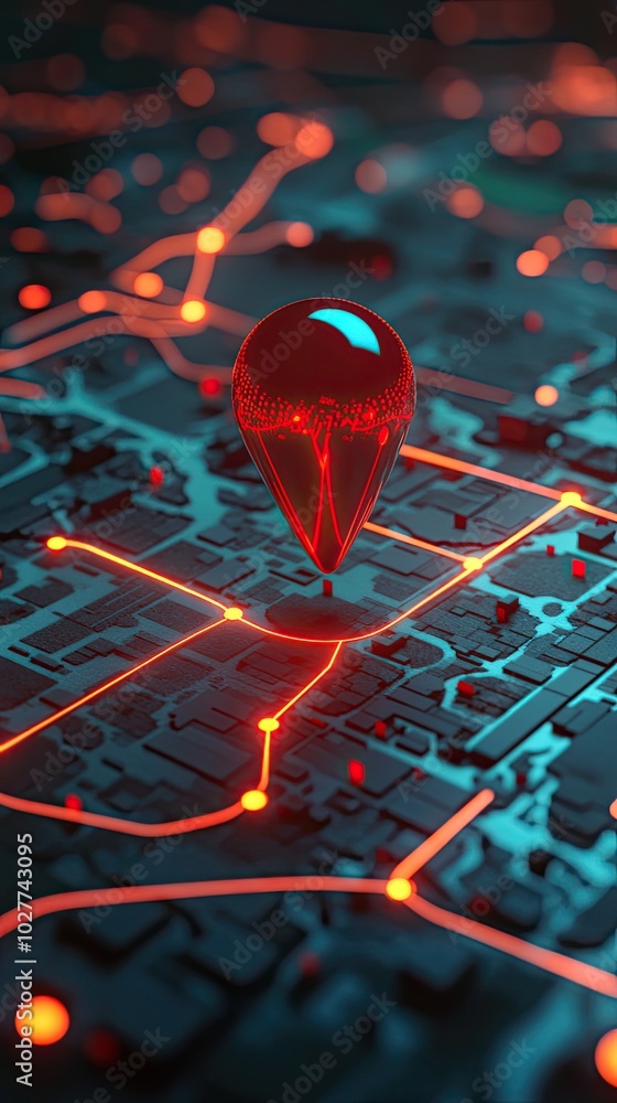 Red location pin on a high-tech urban map with glowing circuits. Stock ...