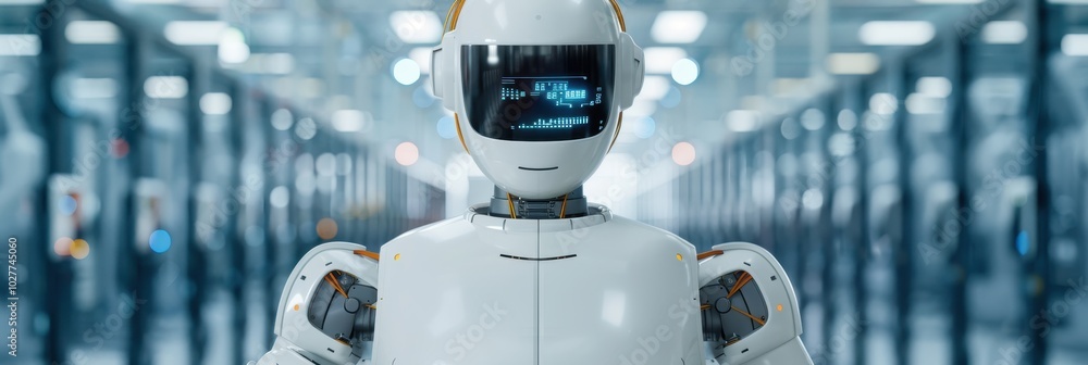Futuristic humanoid robot in a high-tech data center. Advanced ...
