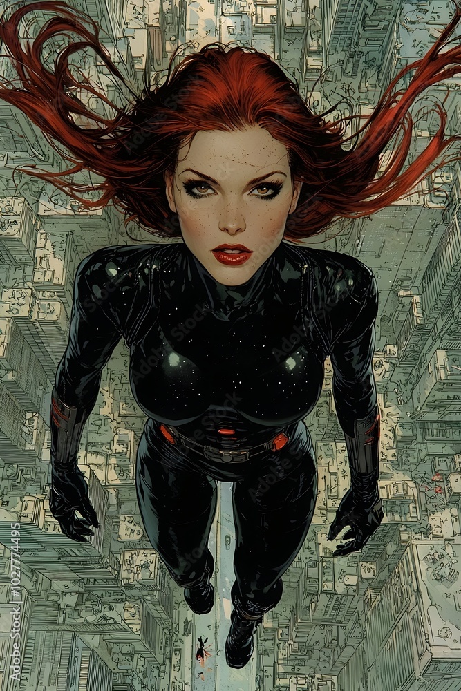 A woman with long red hair, wearing a black suit, stares intensely at ...