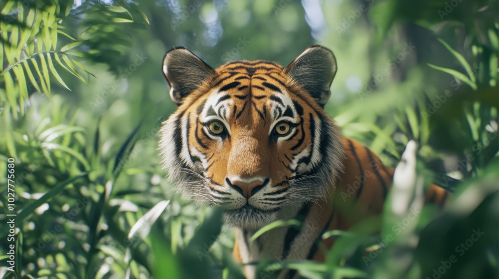 Rare tiger animal hiding behind leaves forest with a menacing gaze ...