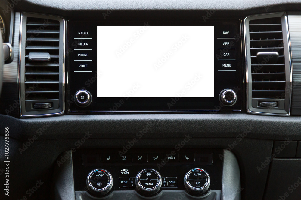 Car interior background. Multimedia touchscreen system in a modern ...