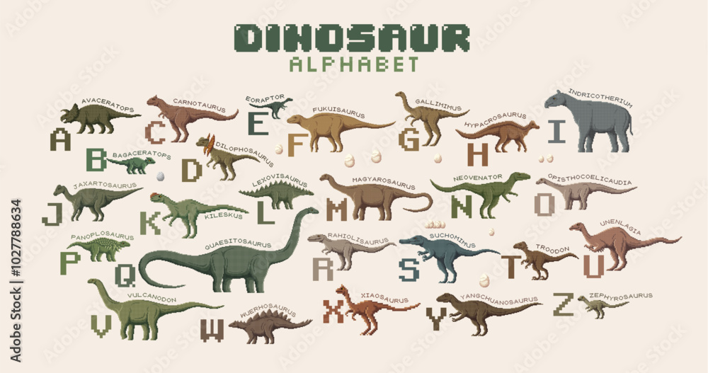 Kids dinosaur alphabet in 8 bit pixel art with prehistoric lizards font ...