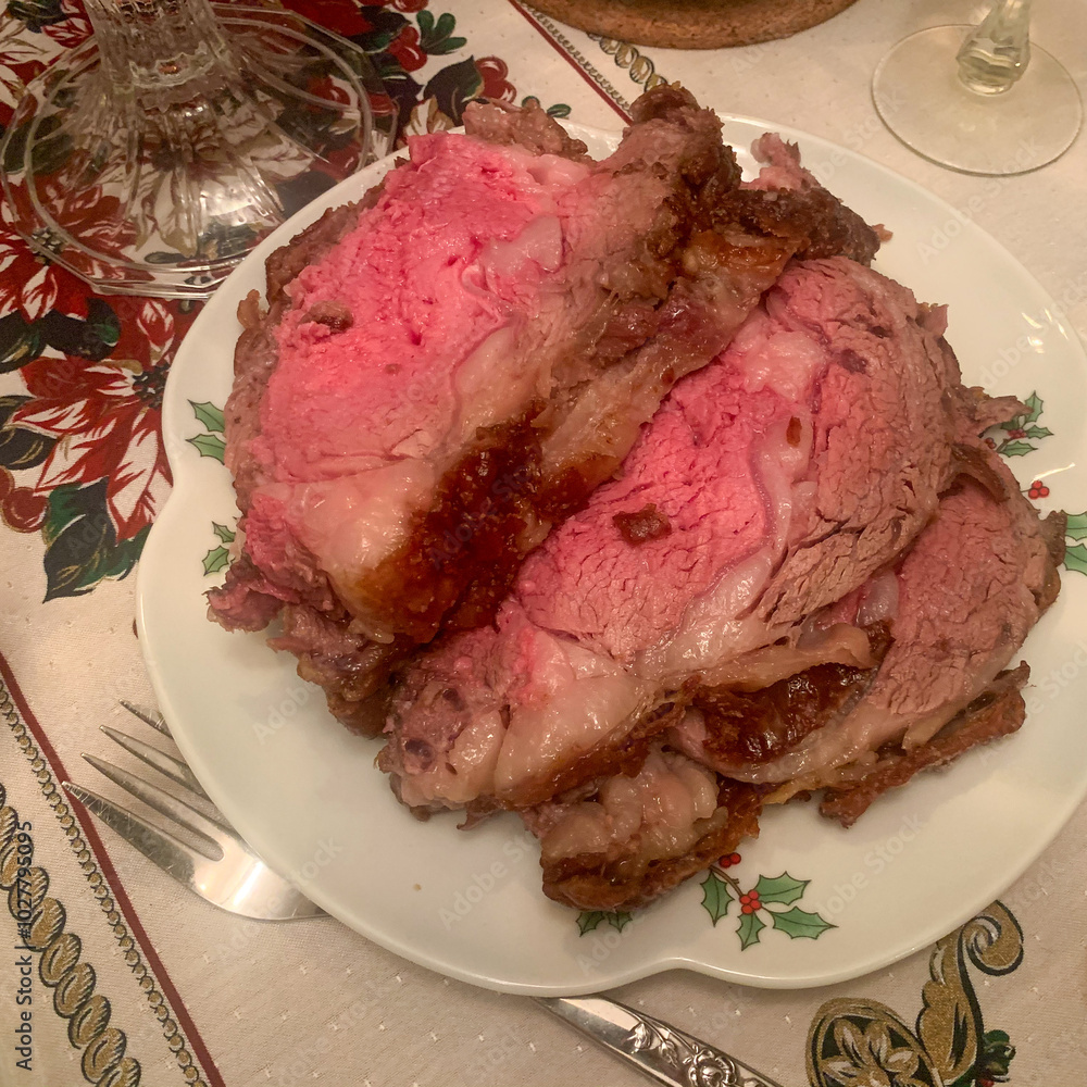 Standing Rib Roast Medium Rare Slices On A Christmas Plate Ready To Eat ...