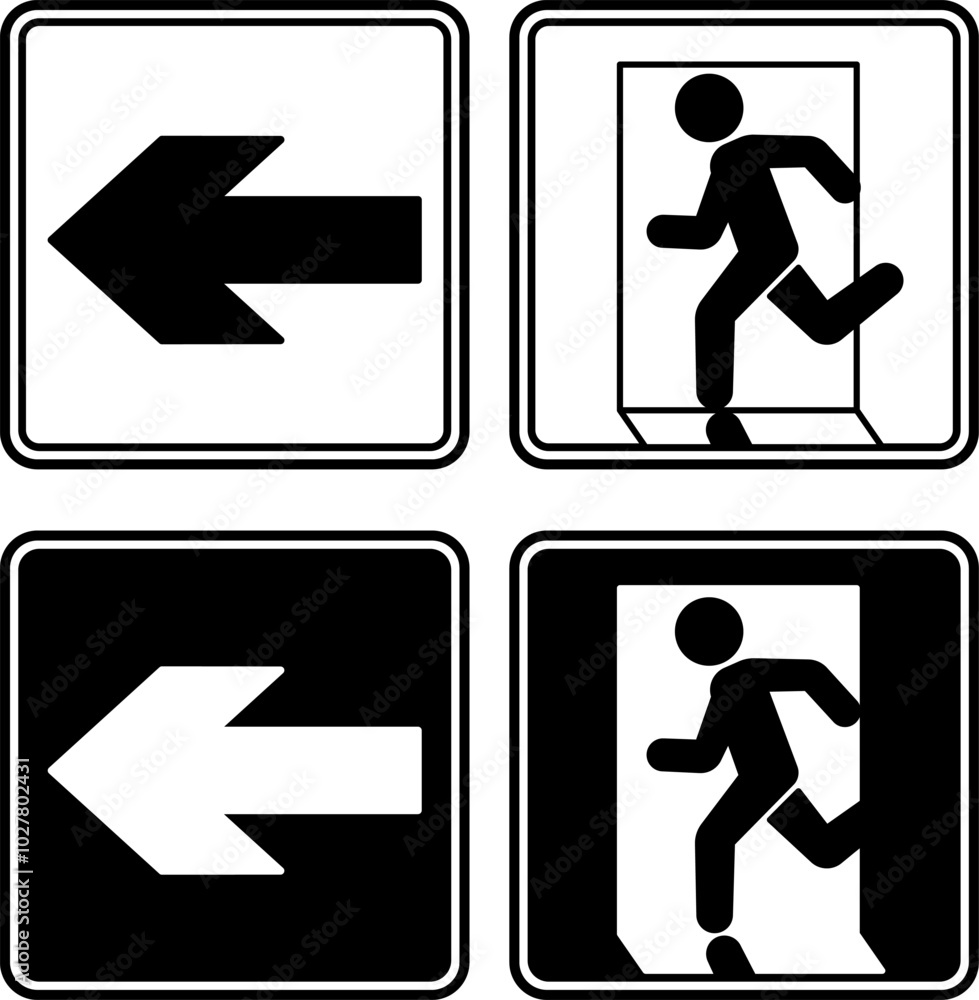 Emergency Exit Signs Pointing Left. Black and white vector icons ...