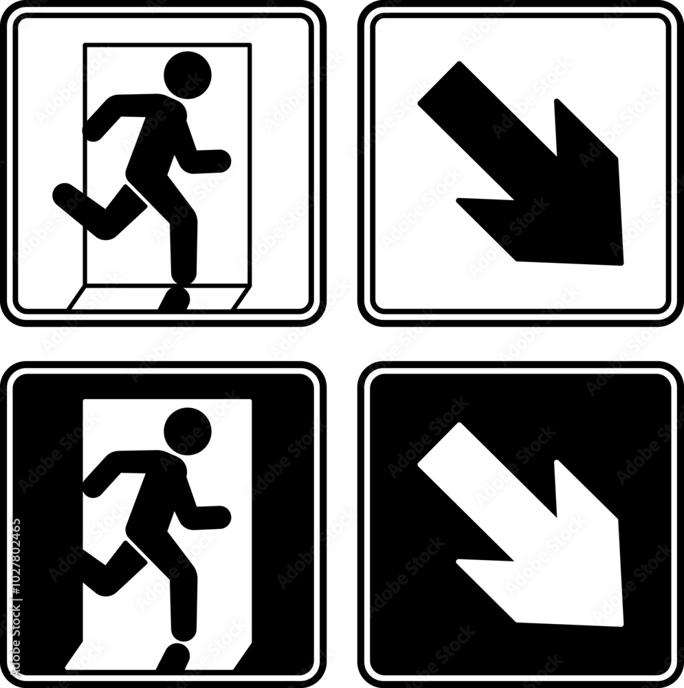 Emergency Exit Signs Pointing Down. Black and white vector icons ...