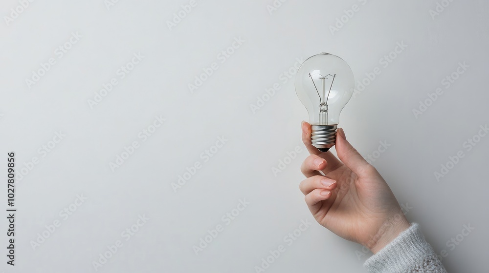 Hand supporting a lightbulb with innovative ideas, against a white ...