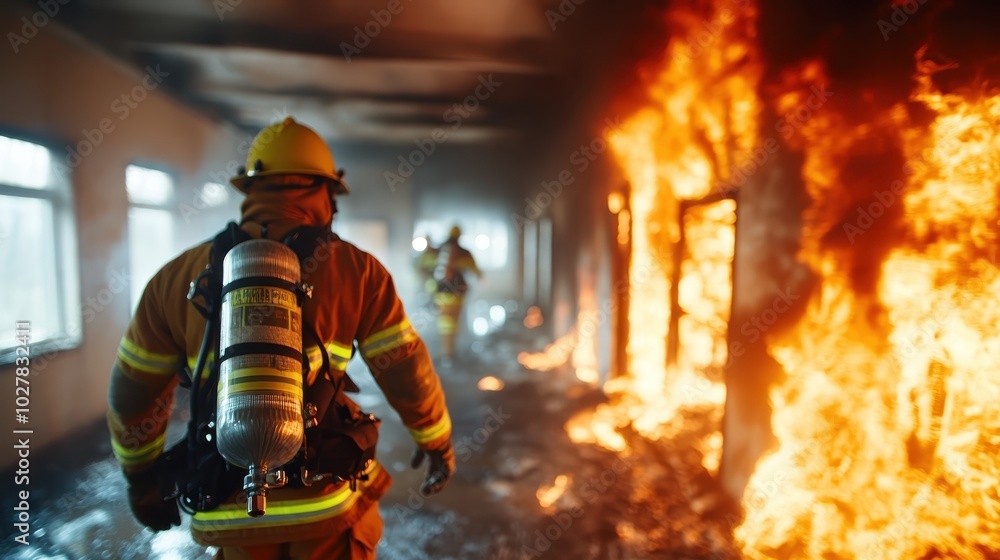 Firefighters in full gear are seen combating a fierce blaze inside a ...