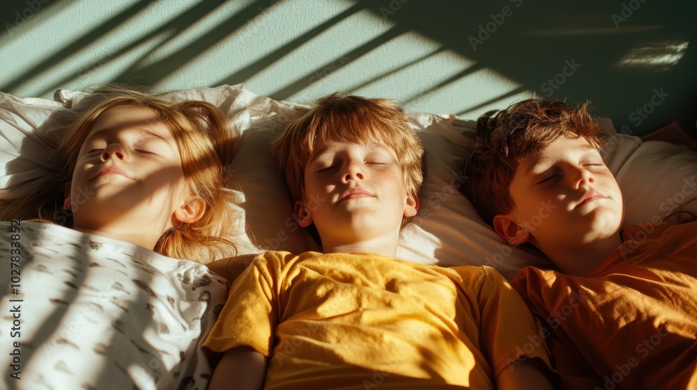 Capturing a serene moment, three children lie asleep under gentle ...