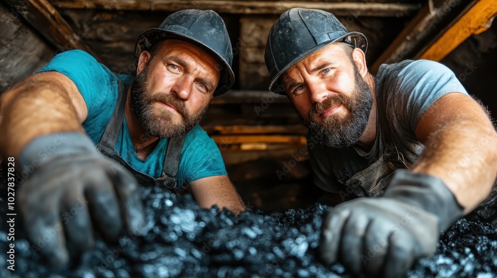 The image depicts two rugged miners working side by side in a dimly lit ...