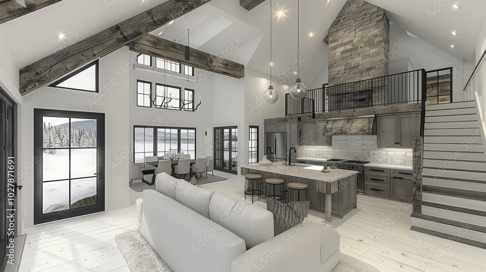 A stunning and modern open-concept chalet style home interior with ...