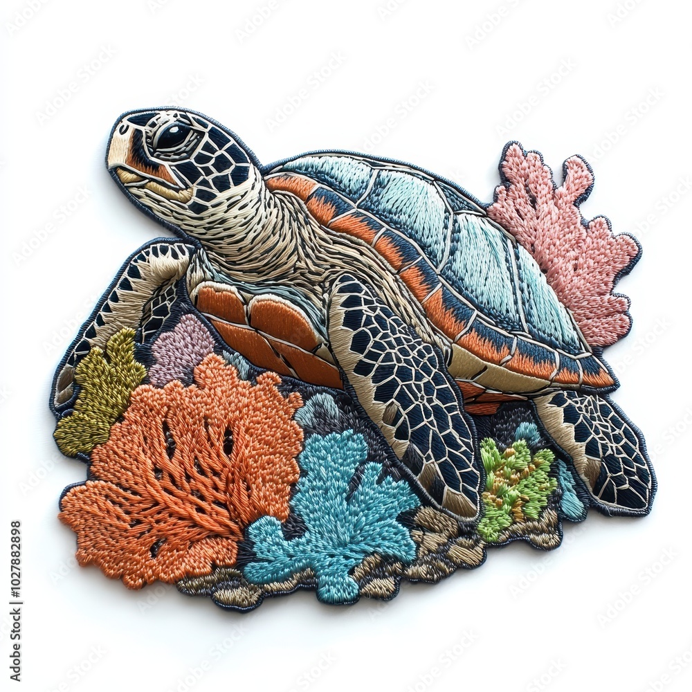 Sea turtle coral embroidered patch badge on isolated white background ...