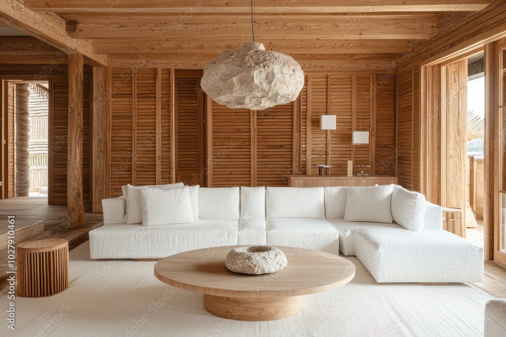 Light and airy living room with white sofa, wooden walls, and a central ...
