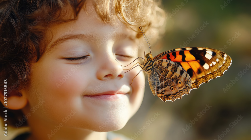 butterfly sitting on nose of little cheerful boy with closed eyes in ...