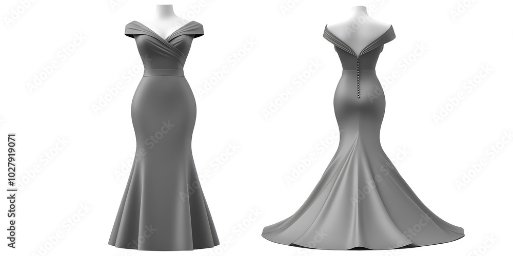 Grey 3d female dress front and back view. Blank mockup for branding ...