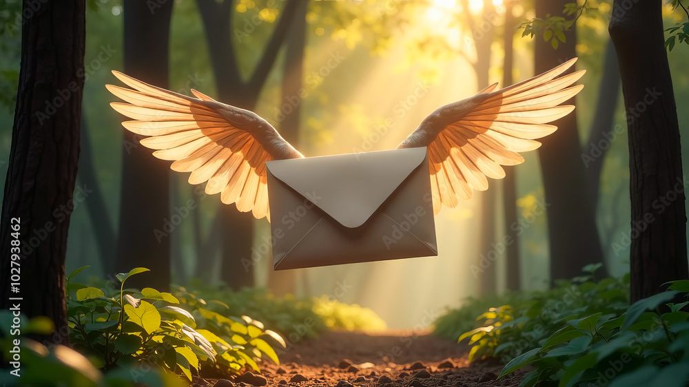 Cartoon envelope card or letter with moving wings. Forest fantasy ...