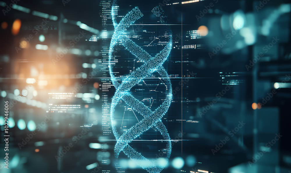 Digital double helix with holographic DNA and a digital world map ...