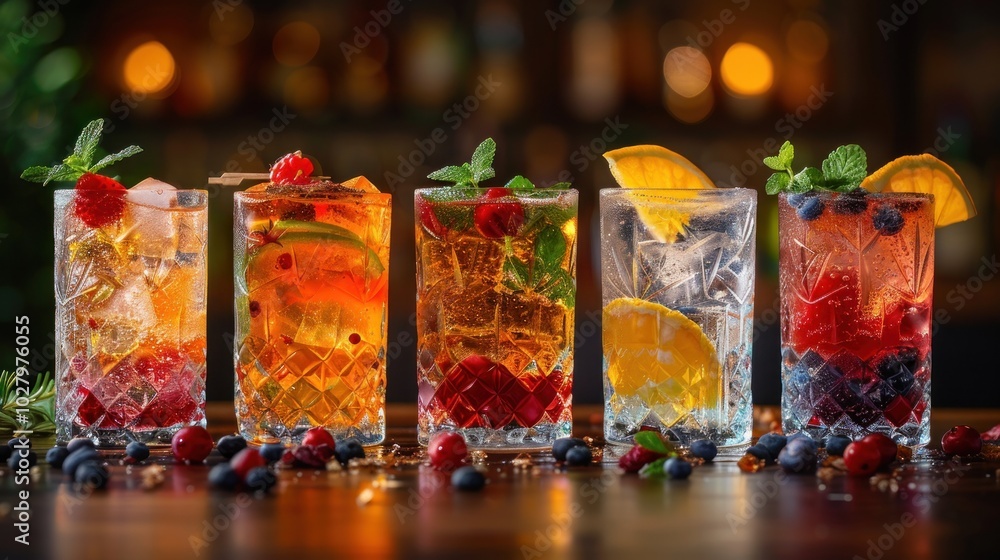 A variety of gin and tonic cocktails with different garnishes like ...