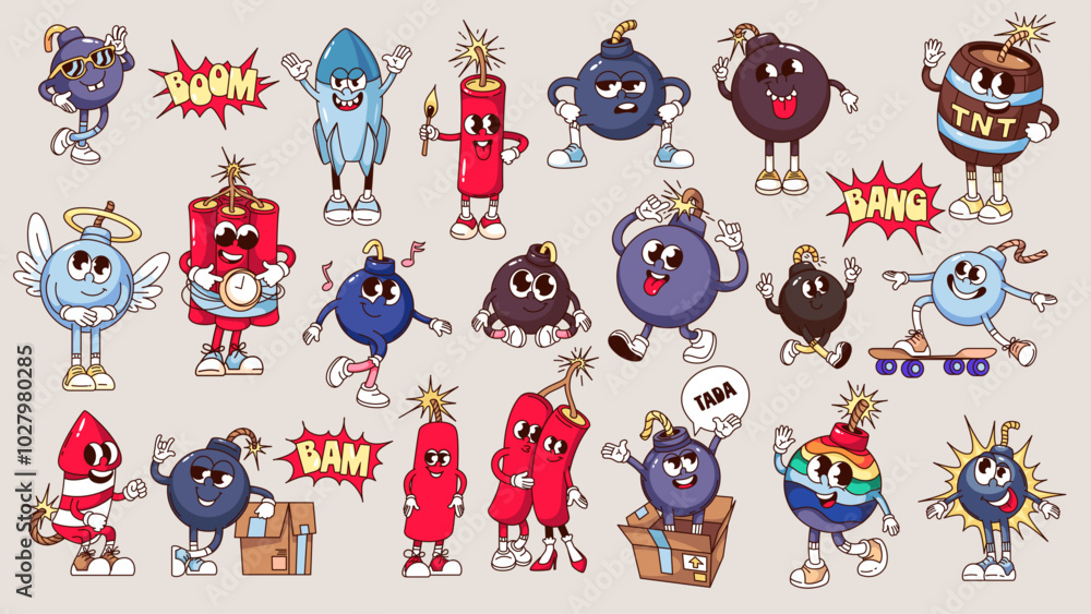 Groovy bombs and dynamite sticks cartoon characters, stickers set ...