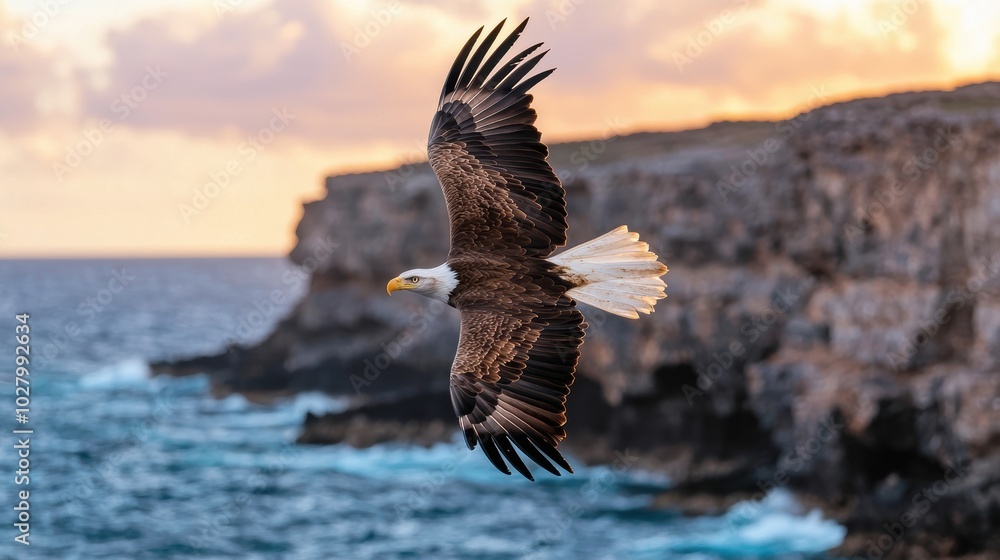 Majestic bald eagle soaring over dramatic coastal scenery Stock ...