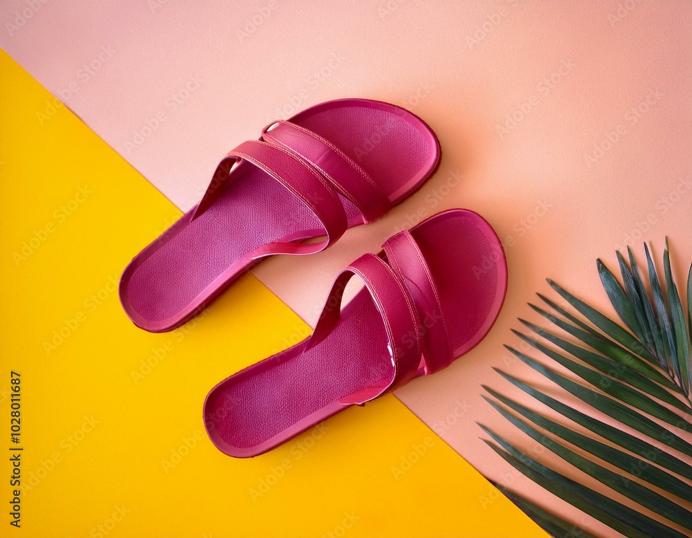 leather pink magenta sandals birkenstocks on pink and yellow background ...