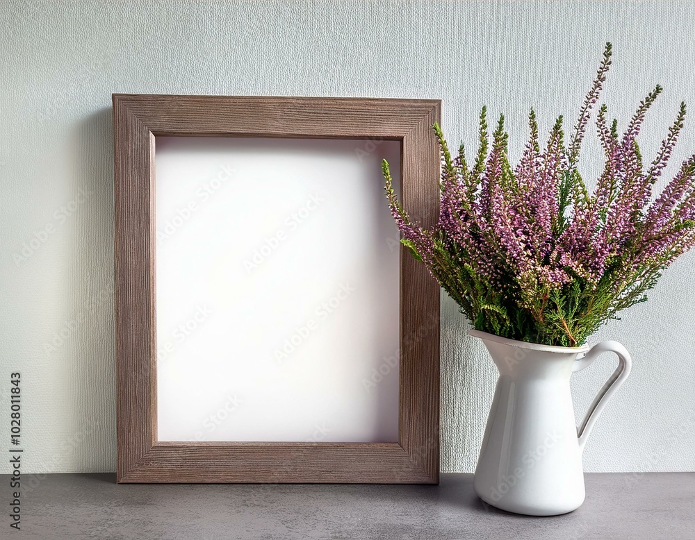 mockup with an empty frame and a bouquet of forest heather in a jug the ...