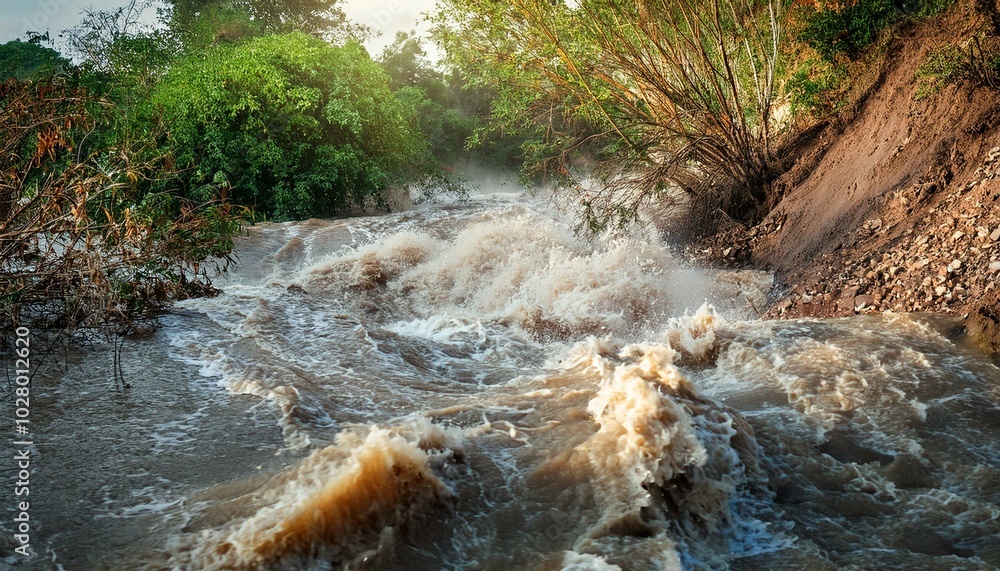 rapid stream of water flows into a dirty river waste disposal pollution ...