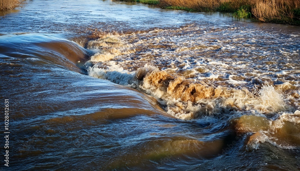rapid stream of water flows into a dirty river waste disposal pollution ...