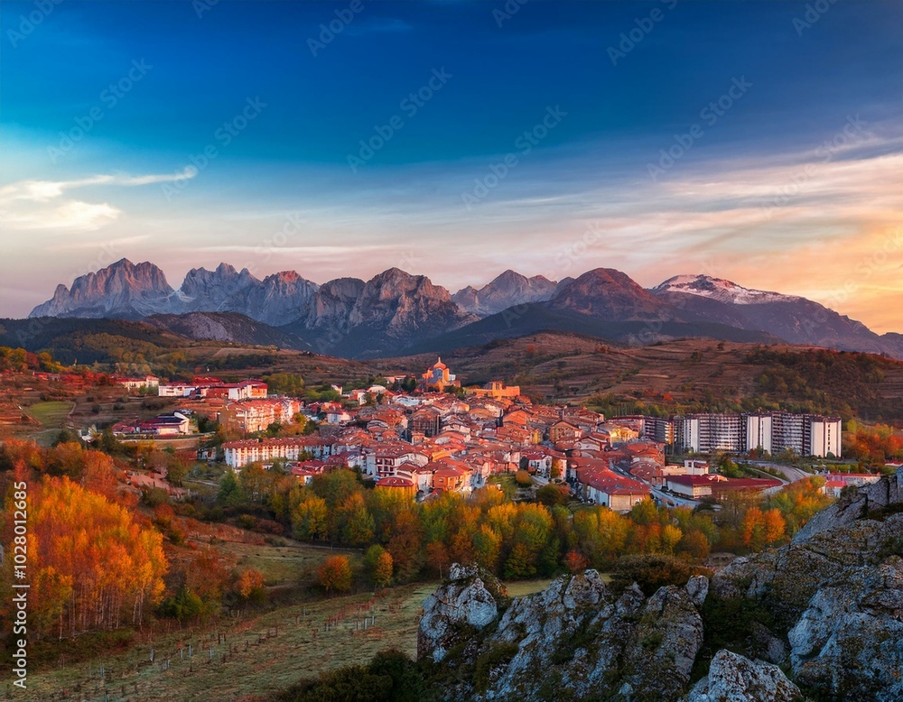 Photo Stock riano cityscape at sunset with mountain range landscape ...