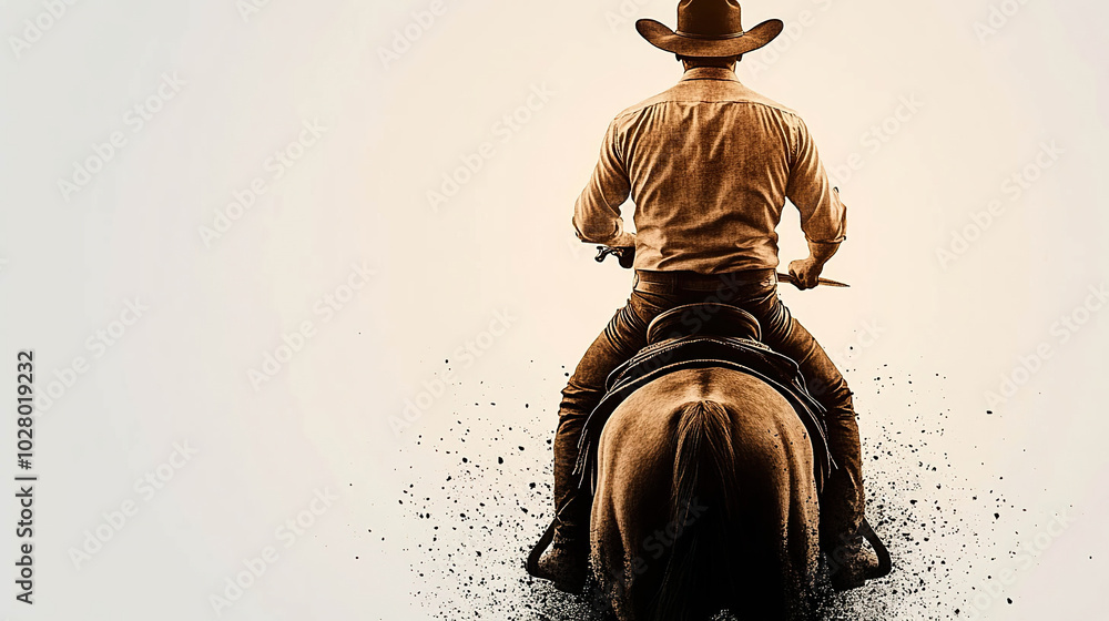 Cowboy riding a horse into the distance, minimalism with dust effects ...