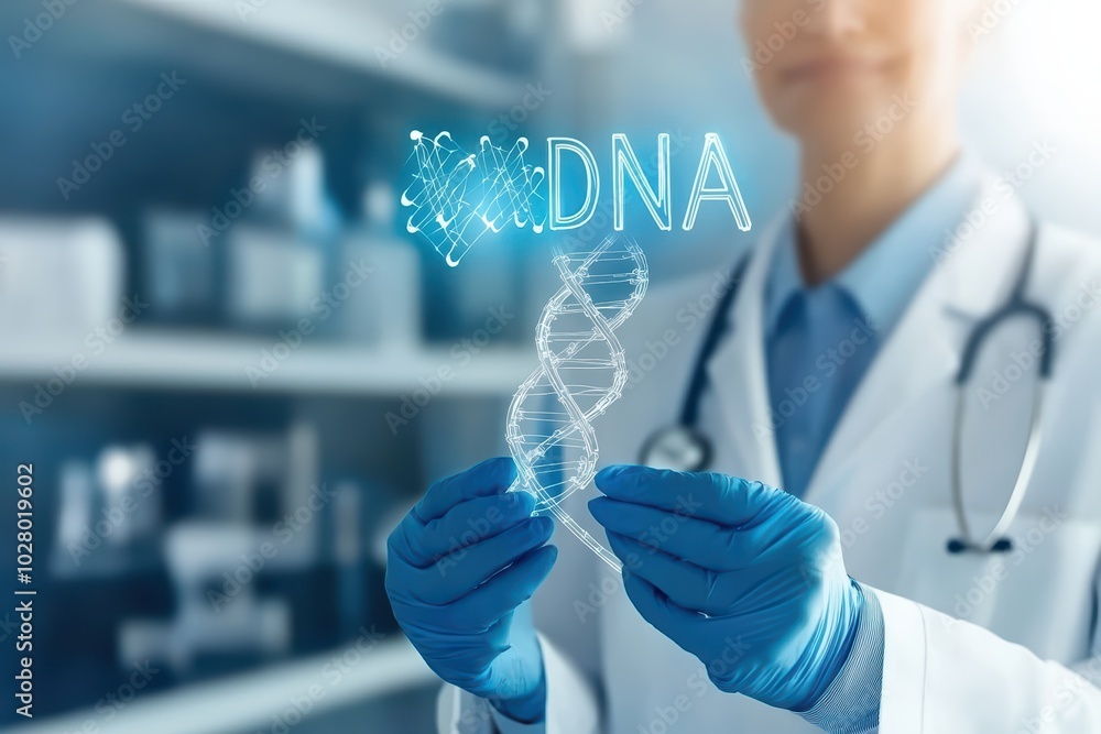 Scientist holding a transparent DNA helix model in a laboratory ...