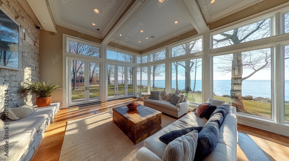 High-definition panoramic view of a luxury home on Lake Michigan, with ...