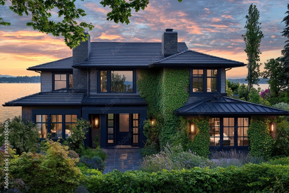 High-resolution image of a modern craftsman home with lush greenery ...