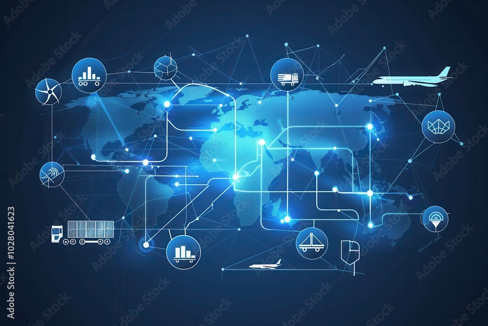 Highlighted transport routes span the globe, featuring icons ...