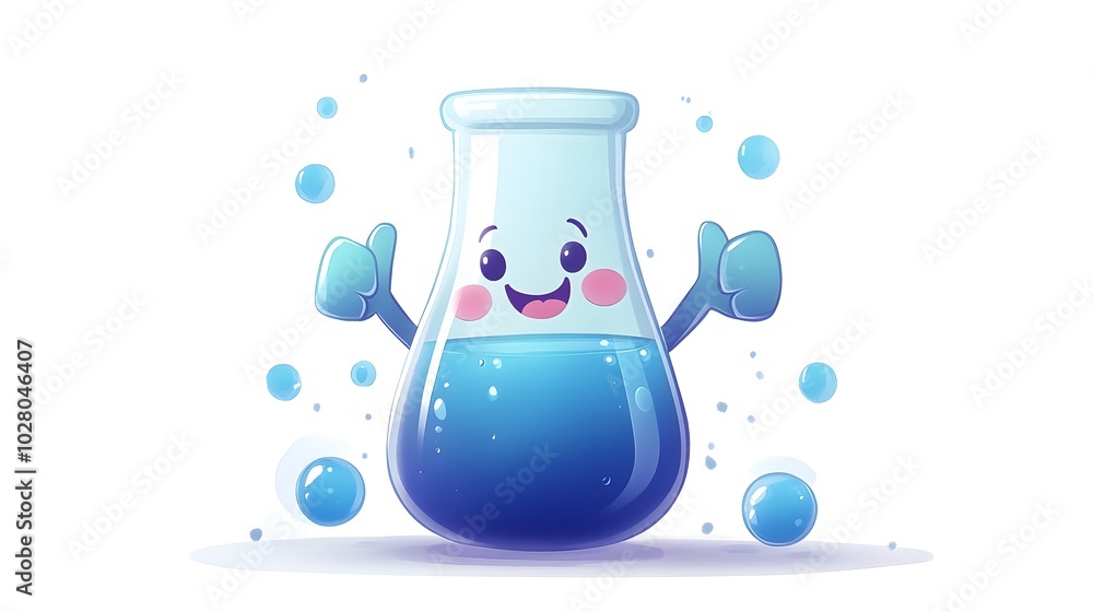 Cartoon test tube character filled with luminous blue liquid, joyful ...