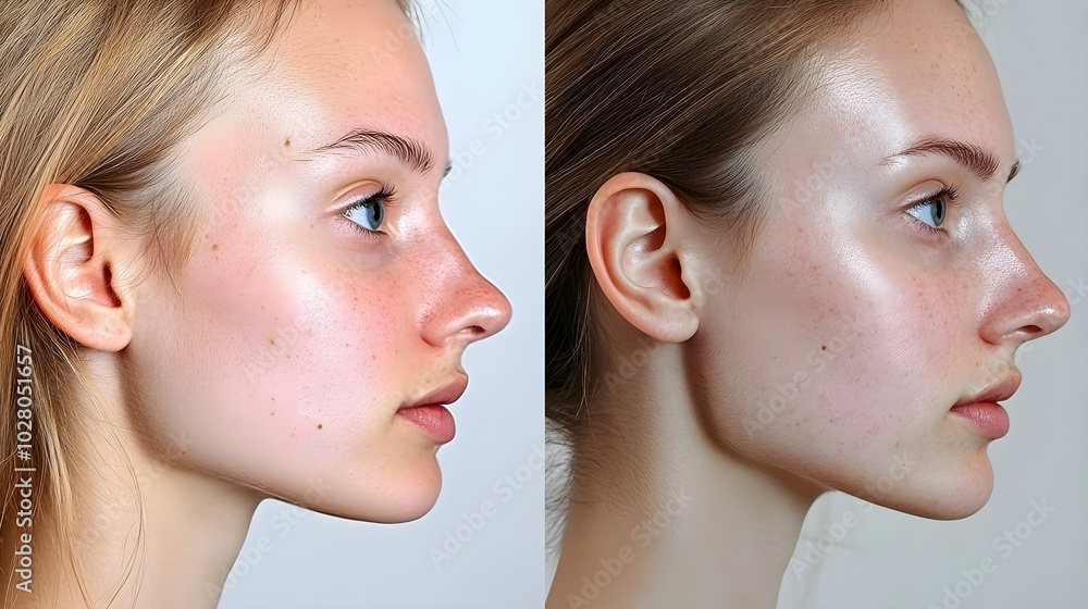 Detailed profile comparison before and after rhinoplasty, showing a ...