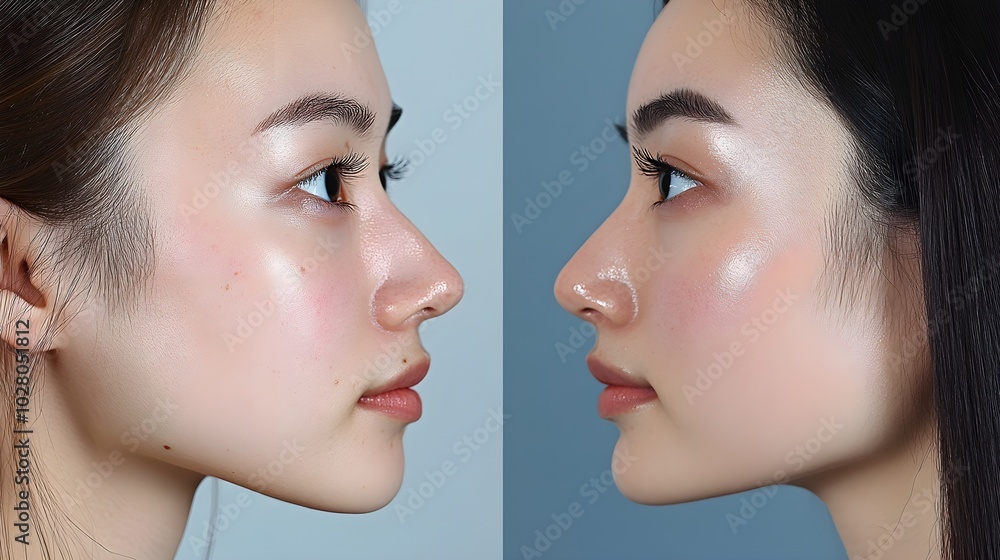 Detailed profile comparison before and after rhinoplasty, showing a ...