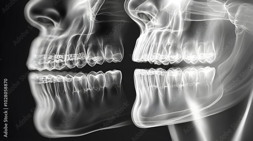 Before-and-after X-ray of jaw and teeth, showing gradual bone ...