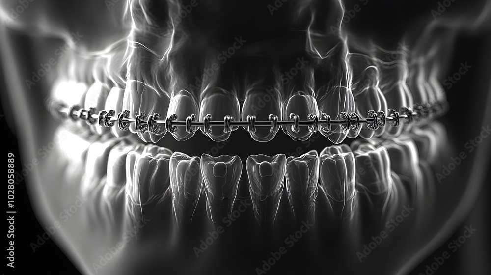 Before-and-after X-ray of jaw and teeth, showing gradual bone ...