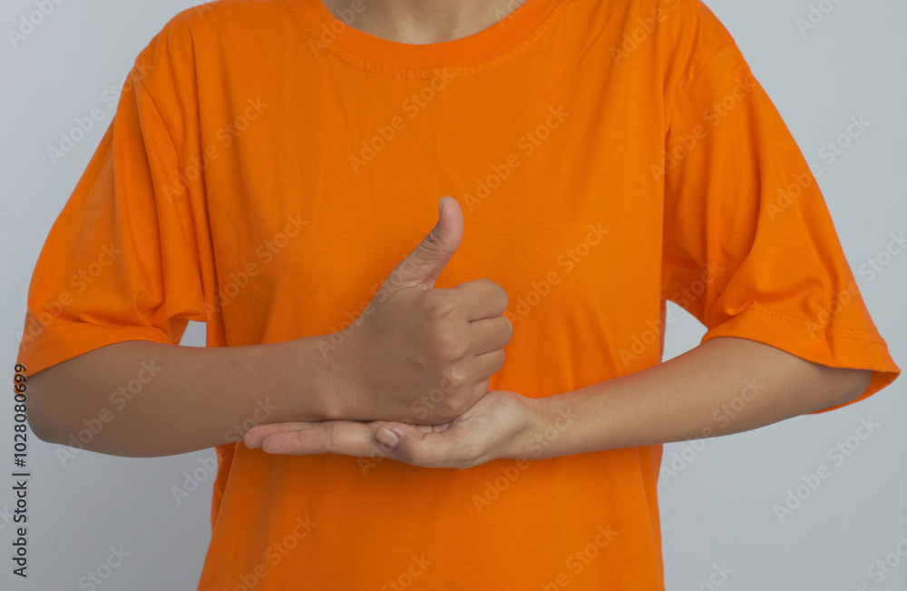 Giving a thumbs up with the other hand open and flat. Sign language ...