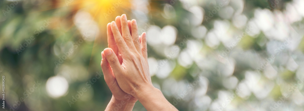 Banner teamwork high five as team together hands raise up greeting ...