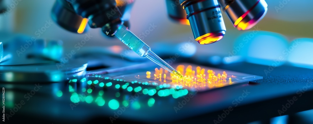 Backlit shot of a microscope slide with a tiny bacterial sample, as a ...