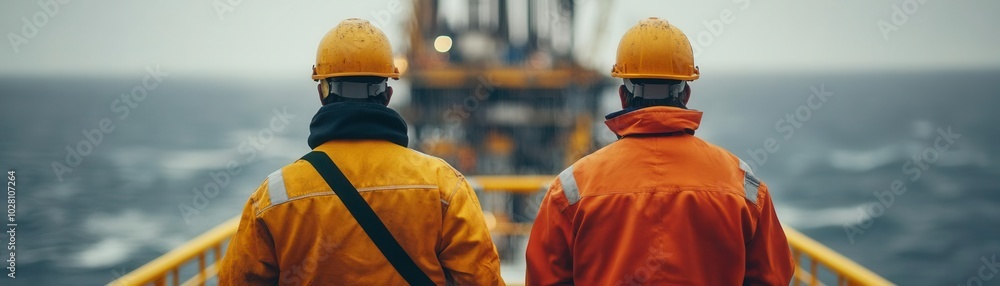 Offshore oil rig crew monitoring drilling operations on the deck ...
